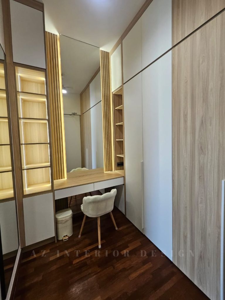 Minimalist Muji Dressing Area With Built-in Vanity And Wooden Wardrobes ...