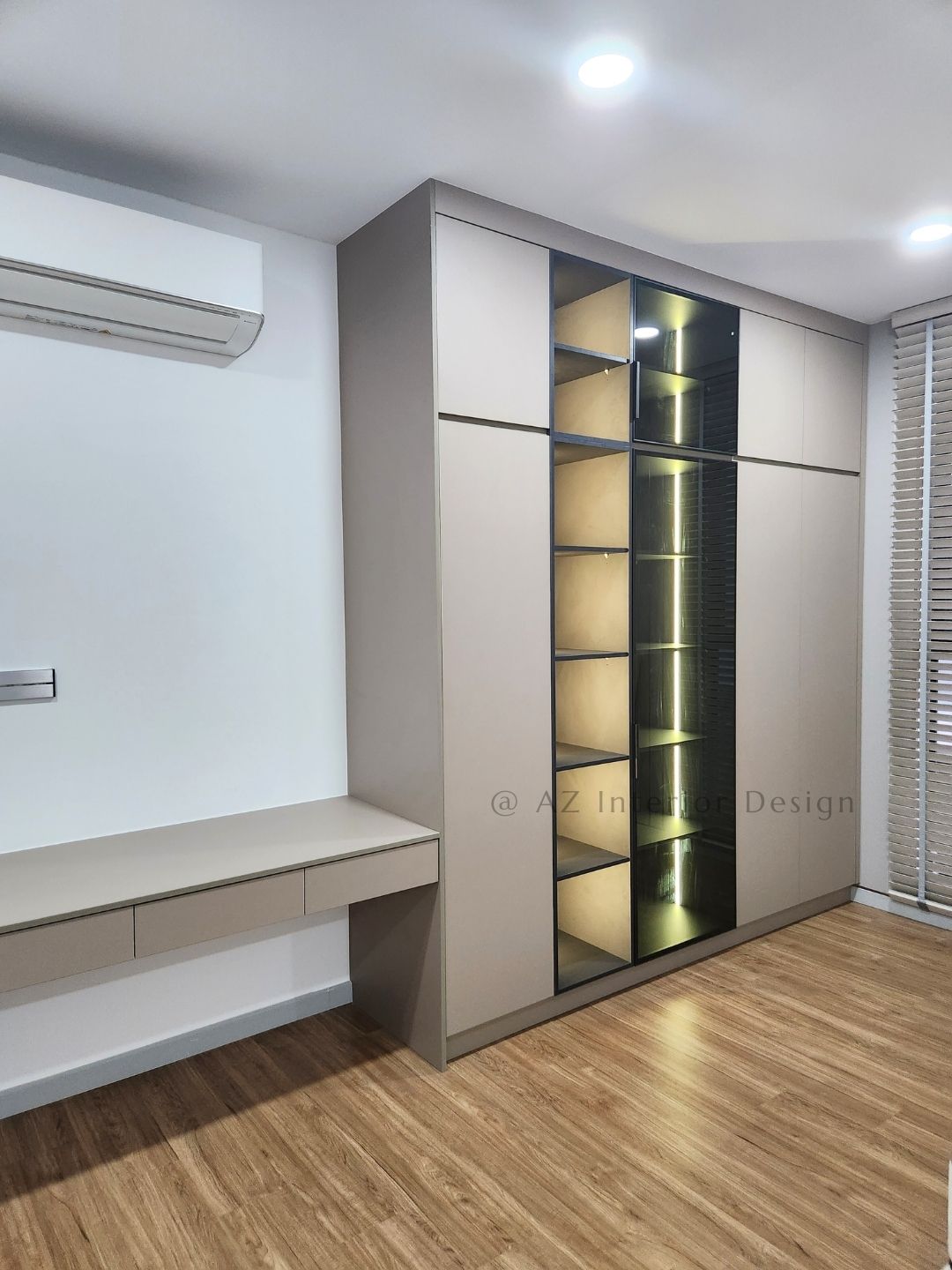 Grey Wardrobe With Hidden Handles And Glass Display - AZ Modern ...